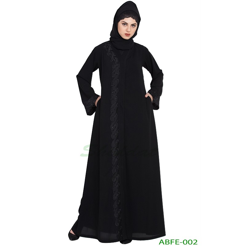 Front open abaya- Designer embroidered abaya with stonework at www.shid...